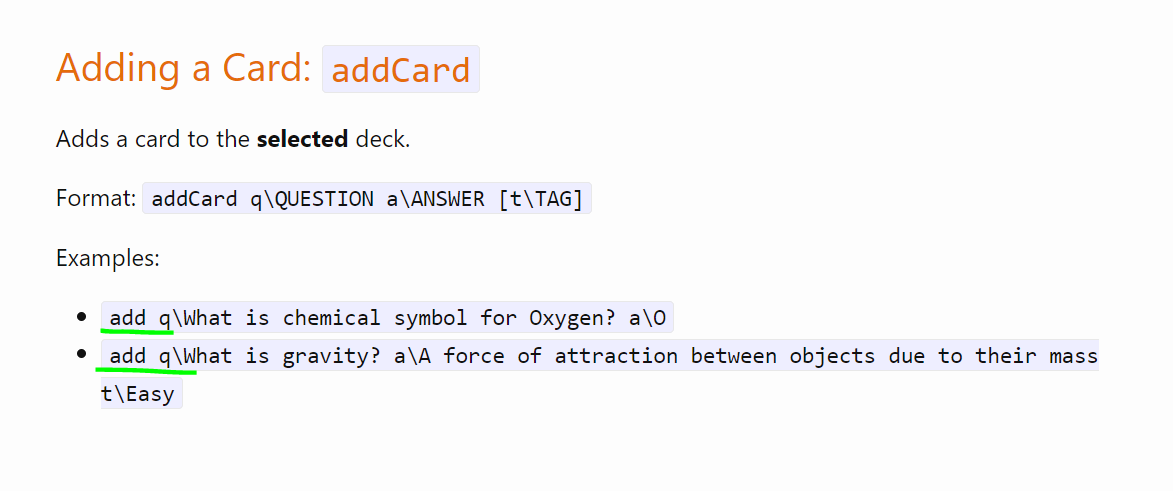 Example Commands Given Under Adding A Card Section In The User Guide