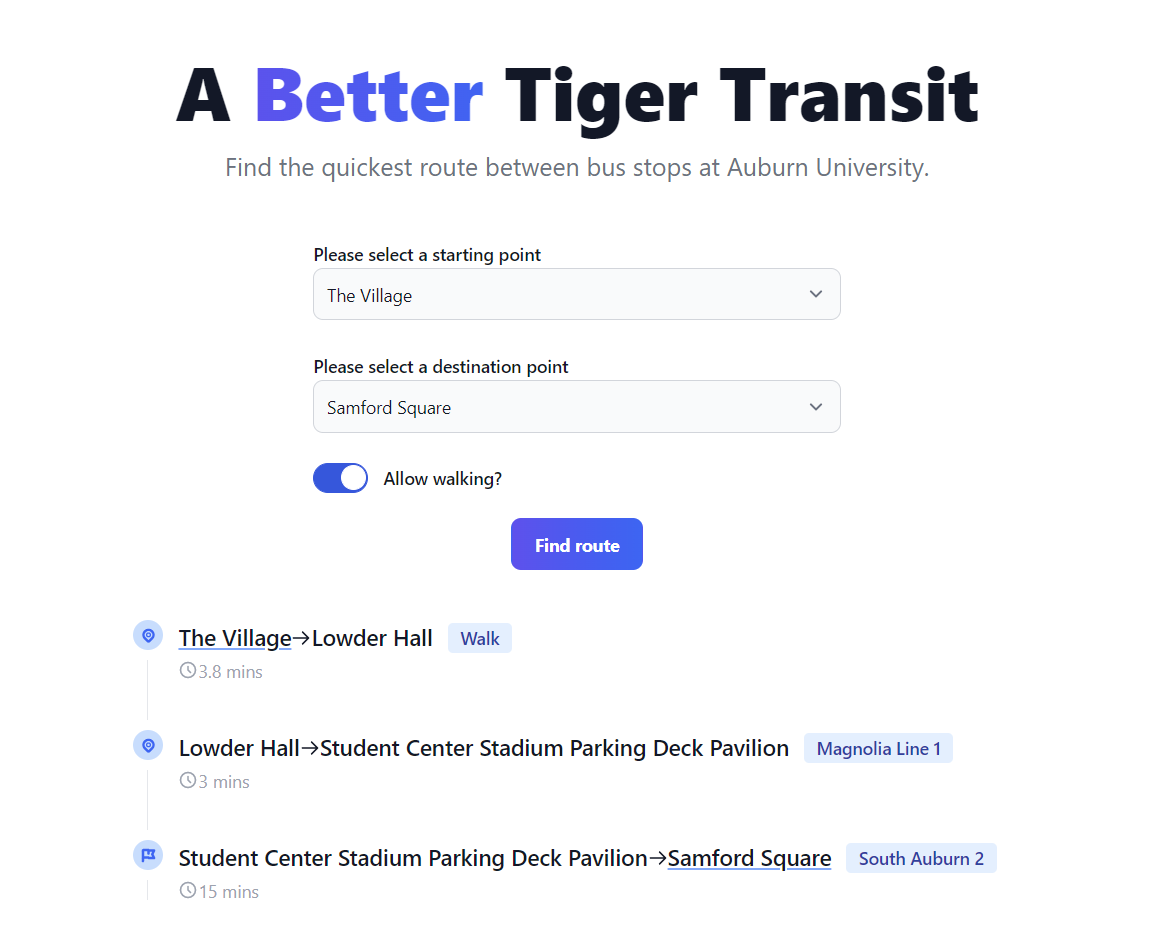GitHub - matt-rog/better-tiger-transit: Find the quickest route between ...