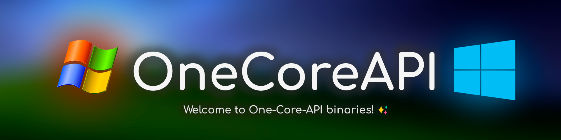 本项目的横幅。背景是经过模糊处理的 Windows XP 默认壁纸“Bliss”，能够看出蓝天和草地。横幅中部从左到右依次为 Windows ...