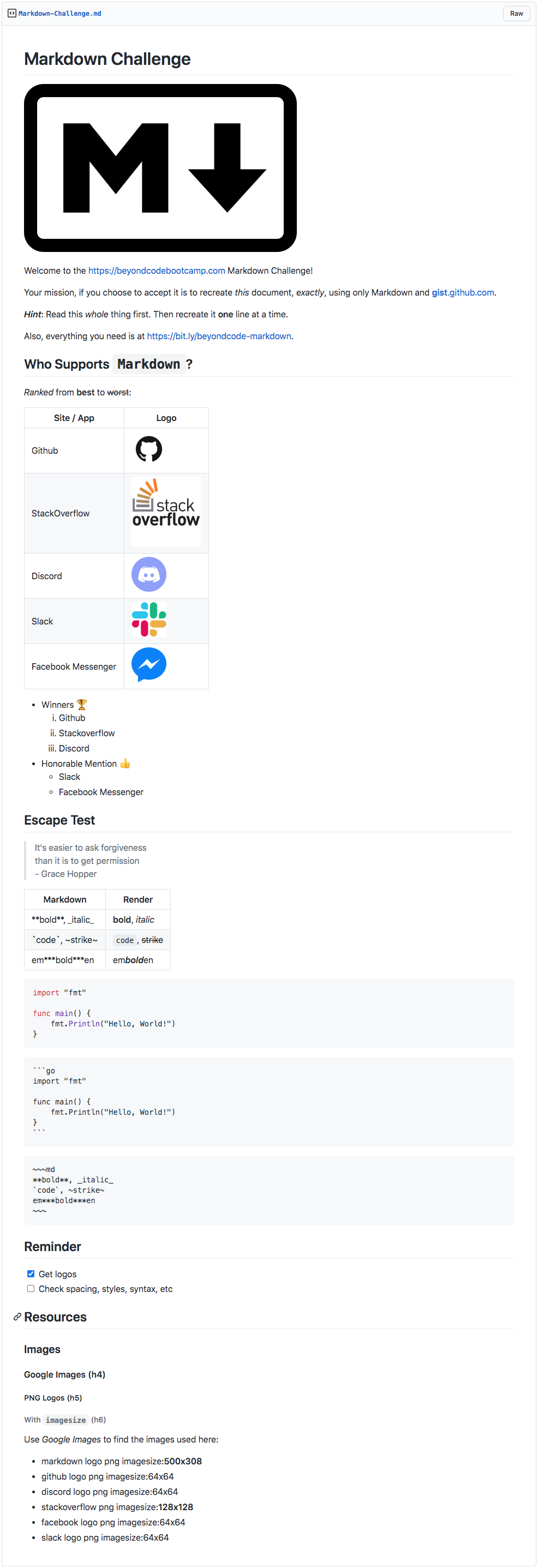 Beyond Code Markdown Challenge · GitHub