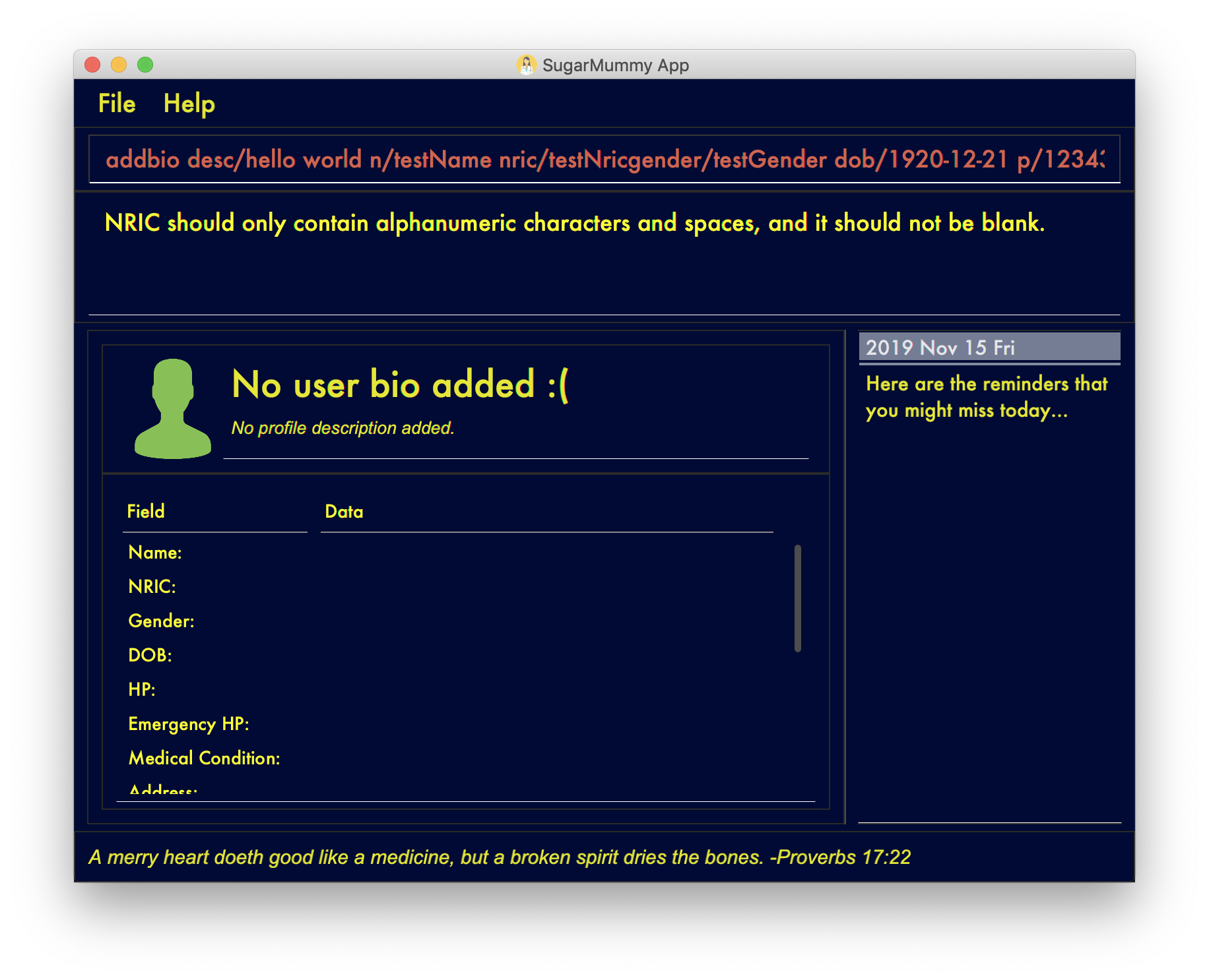 Add bio with no existing Bio Example does not work · Issue #514 · nus-cs2103-AY1920S1/pe-dev ...