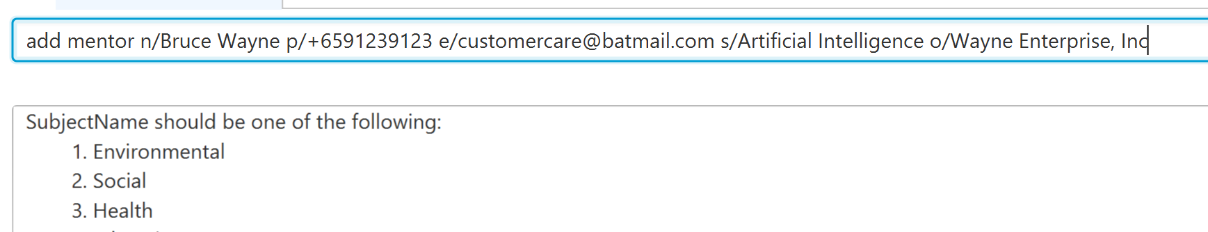 The provided add mentor command format gives an invalid SubjectName · Issue #3008 · nus-cs2103 ...