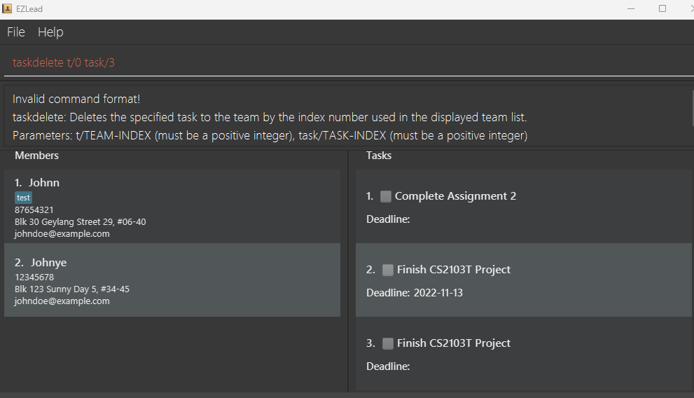 `taskdelete` feature has inconsistent error message displayed on the GUI for erroneous team ...